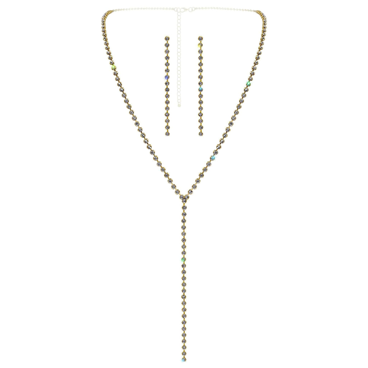 #17529G - Rhinestone Chain Drop Y-Necklace Set - Gold Plated